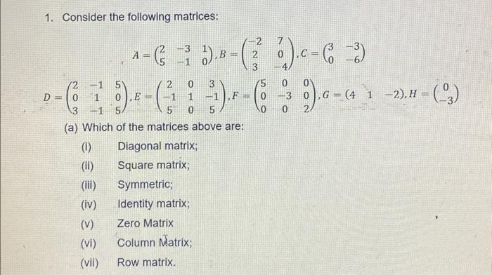 Solved 1. Consider the following matrices: | Chegg.com