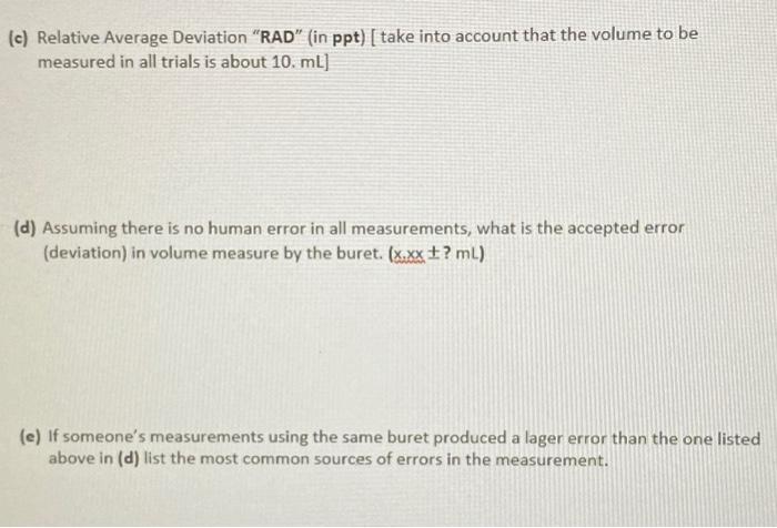 Solved (1) Calculate the volume of water for each trial | Chegg.com