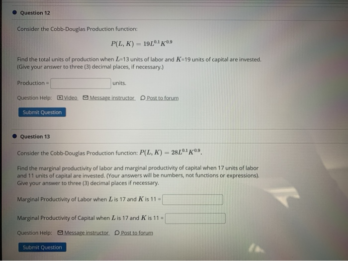 Solved Question 12 Consider The Cobb Douglas Production