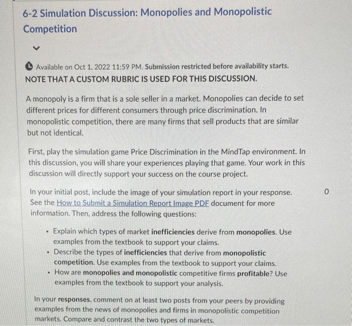 Solved 6-2 Simulation Discussion: Monopolies and | Chegg.com