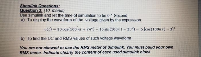 Solved Simulink Questions: Question 3: (10 marks) Use | Chegg.com