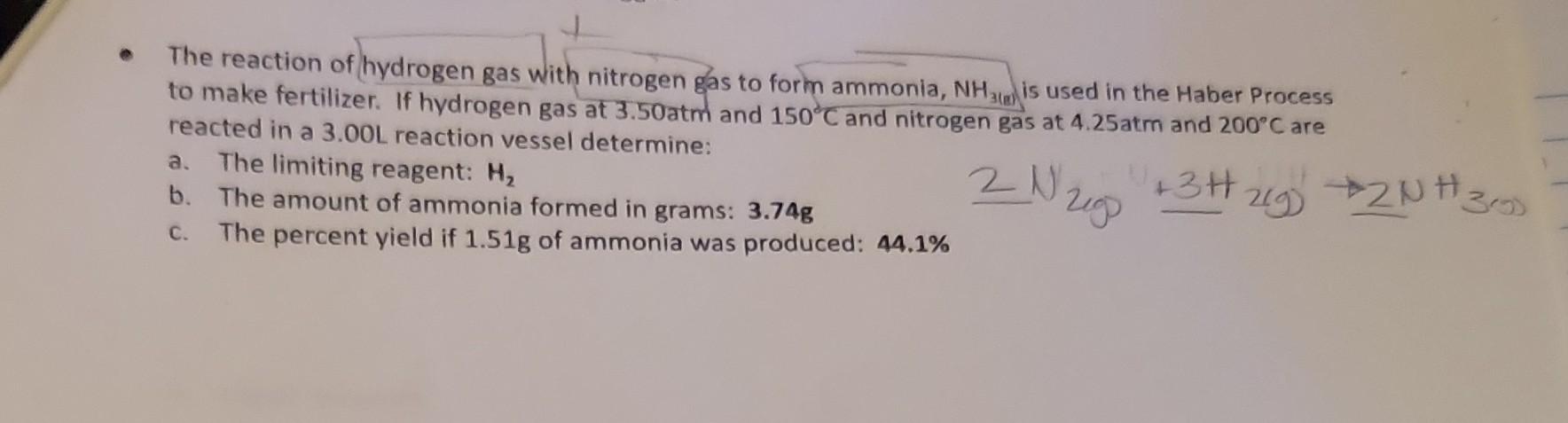 Solved - The reaction of hydrogen gas with nitrogen gas to | Chegg.com