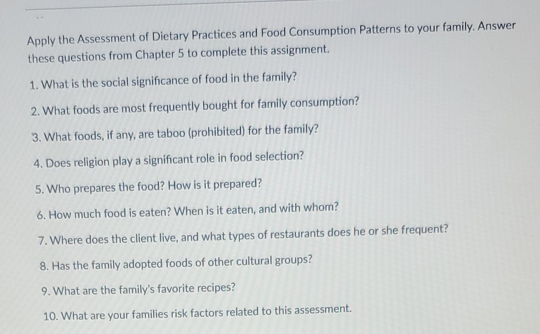 Solved Apply the Assessment of Dietary Practices and Food | Chegg.com
