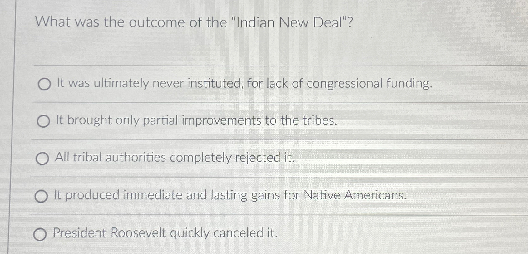 Solved What was the outcome of the "Indian New Deal"?q, ﻿It | Chegg.com