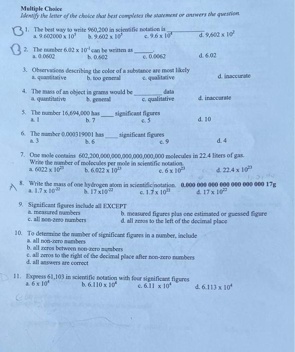 Solved Multiple Choice Identify the letter of the choice | Chegg.com