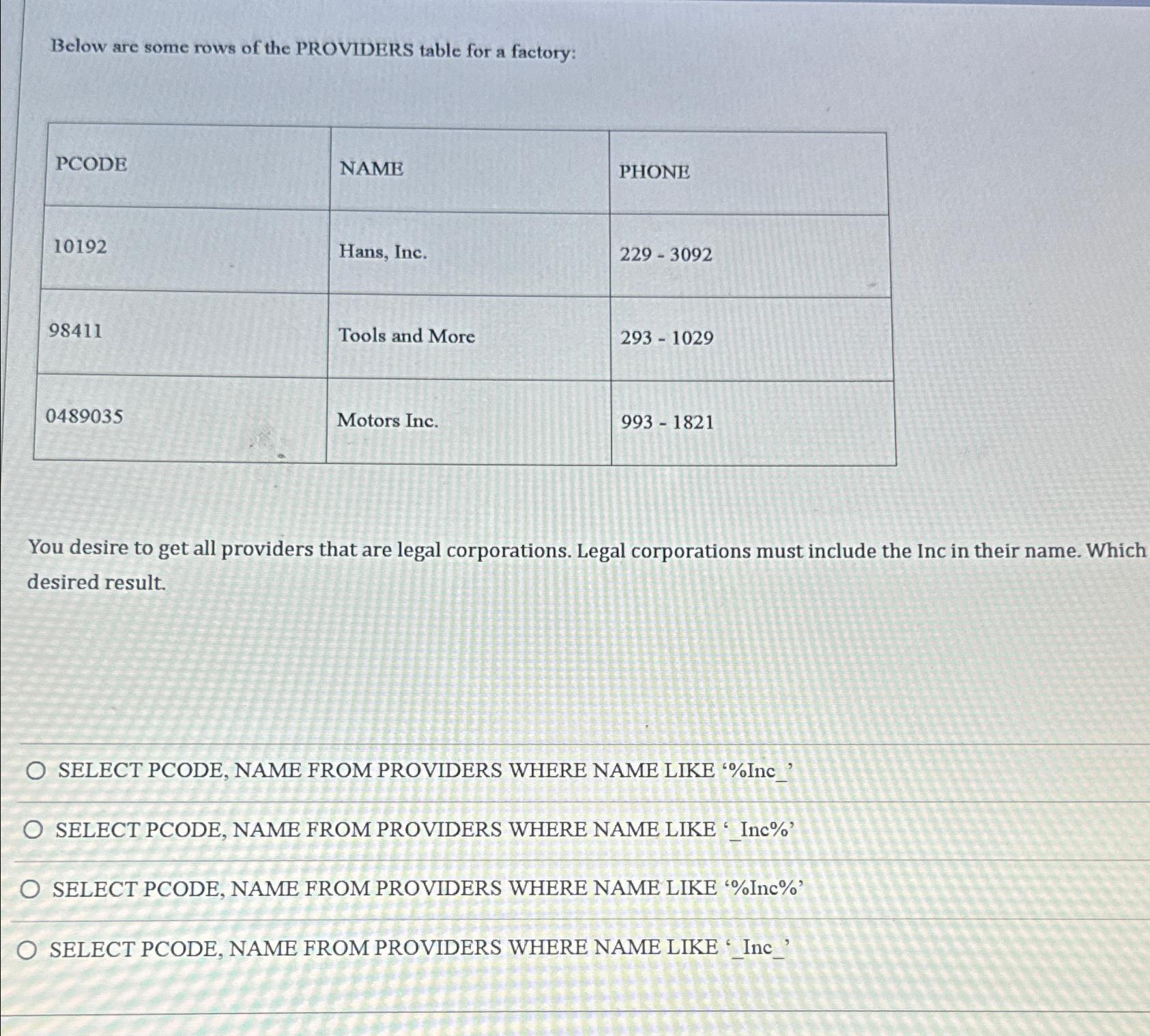 Solved Below are some rows of the PROVIDERS table for a | Chegg.com