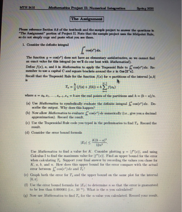 MTH 2410 Mathematica Project II: Numerical | Chegg.com