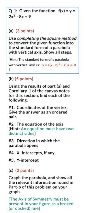 Solved Q-1: Given the function f(x)=y= 2x2−8x+9 (a) (3 | Chegg.com