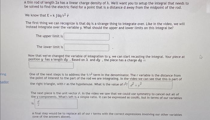 Solved thin rod of length 2a has a linear charge density of | Chegg.com