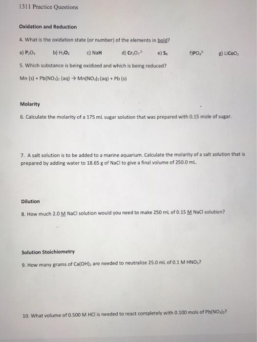Solved 1311 Practice Questions Oxidation and Reduction e) | Chegg.com