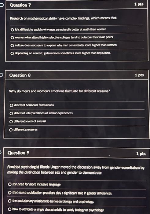 Solved Question 7 1 pts Research on mathematical ability | Chegg.com