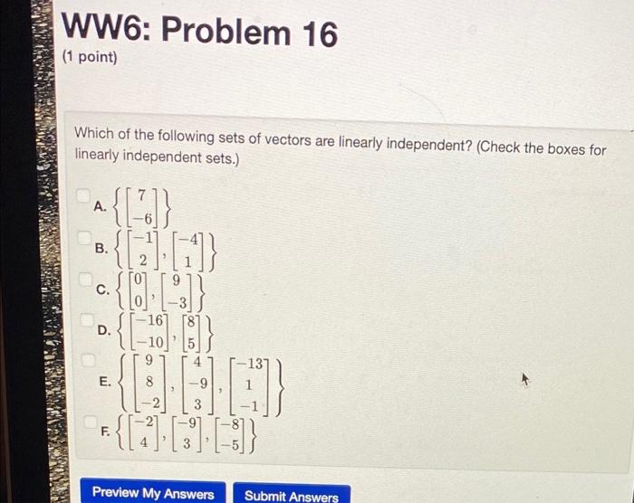 Solved WW6: Problem 16 (1 point) Which of the following sets | Chegg.com