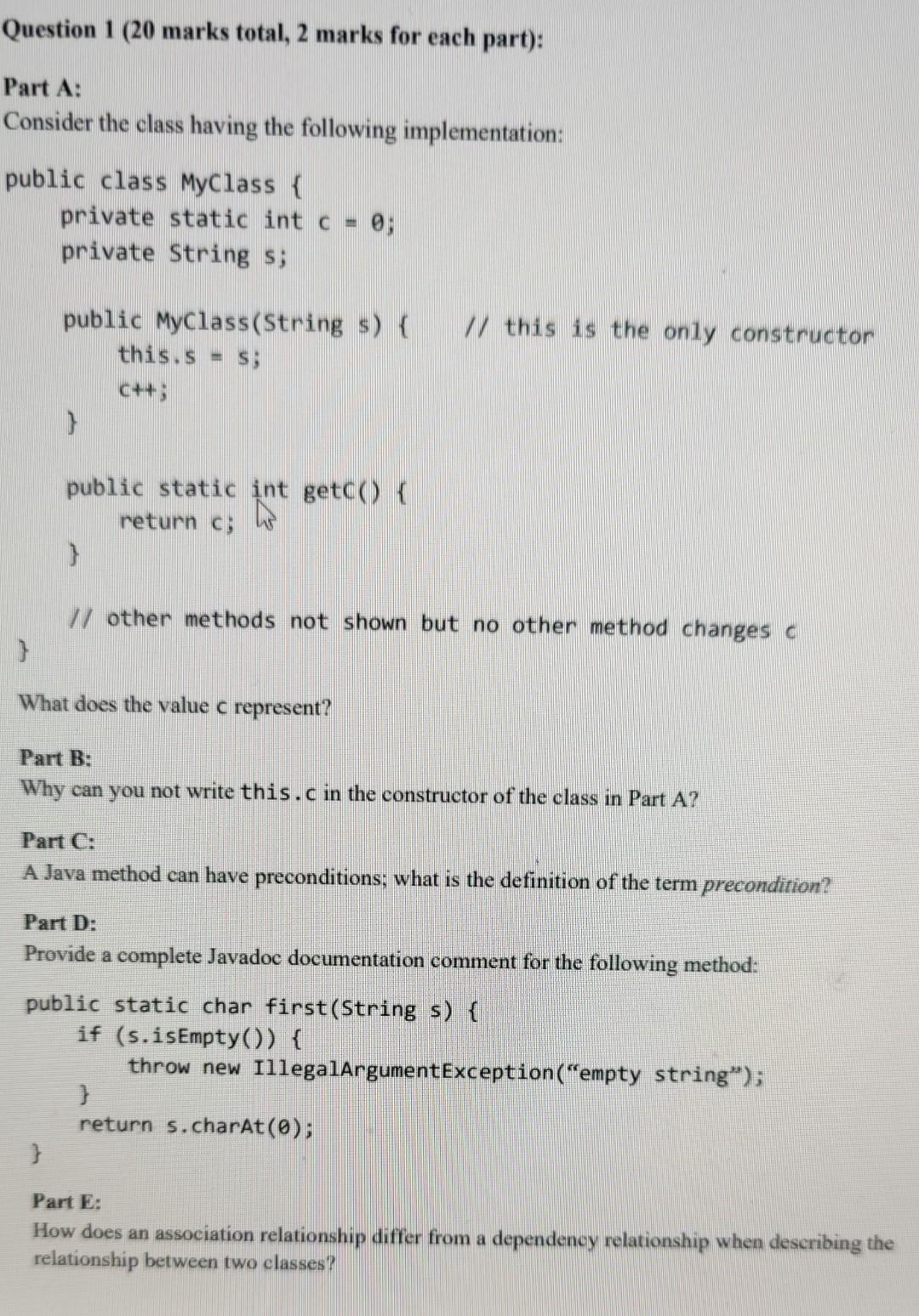 Solved Question 1 (20 marks total, 2 marks for each part): | Chegg.com
