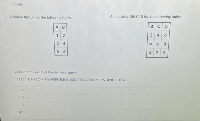 Solved Suppose Relation R(A,B) has the following tuples: And | Chegg.com