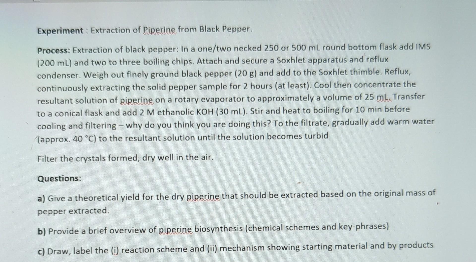 Solved Experiment : Extraction of Piperine from Black | Chegg.com