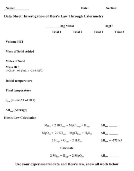 Solved Name: Date: Section: Data Sheet: Investigation of | Chegg.com