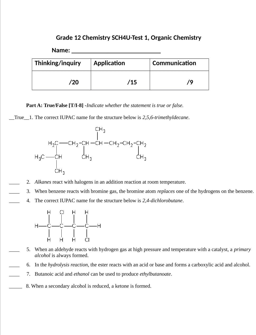 Solved Grade 12 Chemistry SCH4U-Test 1, Organic Chemistry | Chegg.com