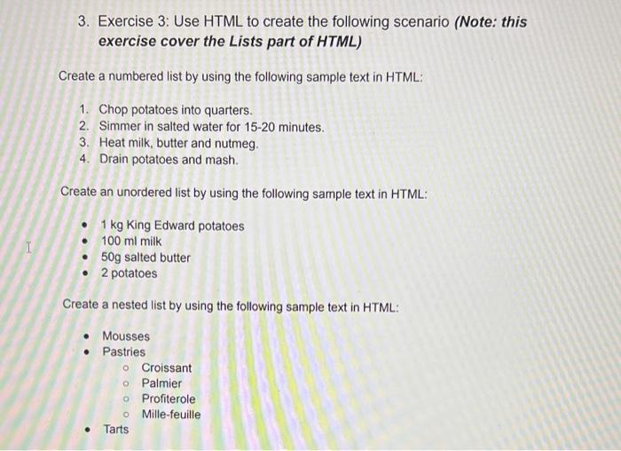 Solved 3. Exercise 3: Use HTML to create the following | Chegg.com