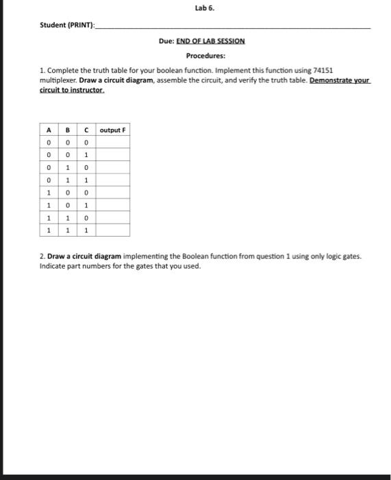 Solved Student (PRINT): Due: END OF LAB SESSION Procedures: | Chegg.com