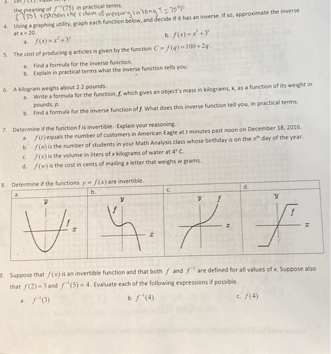 Solved the meaning of f−1(75) in practical terms: f (15) | Chegg.com