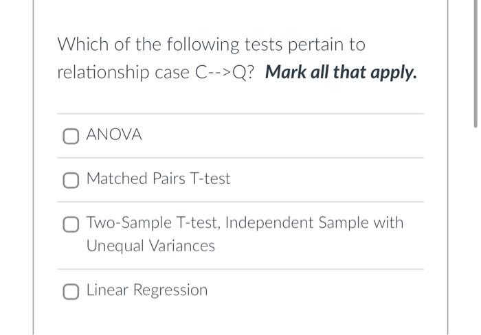 Solved Which of the following tests pertain to relationship | Chegg.com