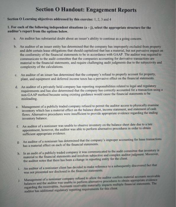 Solved Section O Handout: Engagement Reports Section O | Chegg.com