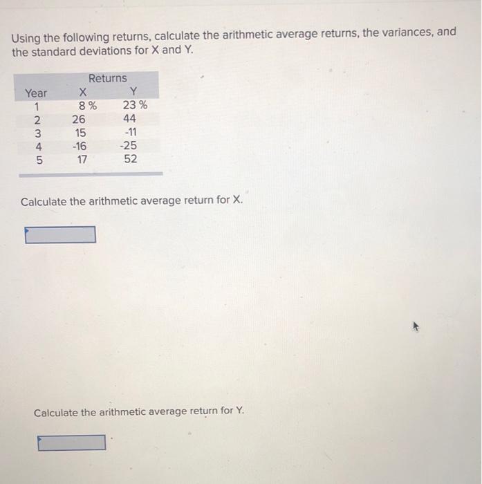Solved Calculate arithmetic average return for X and Y. | Chegg.com