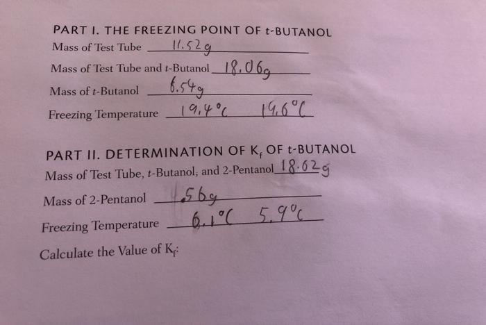 Solved PART I. THE FREEZING POINT OF -BUTANOL Mass of Test | Chegg.com