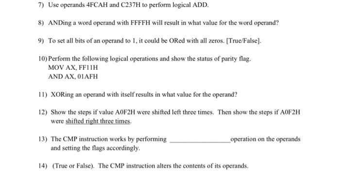 Solved 7) Use operands 4FCAH and C237H to perform logical | Chegg.com