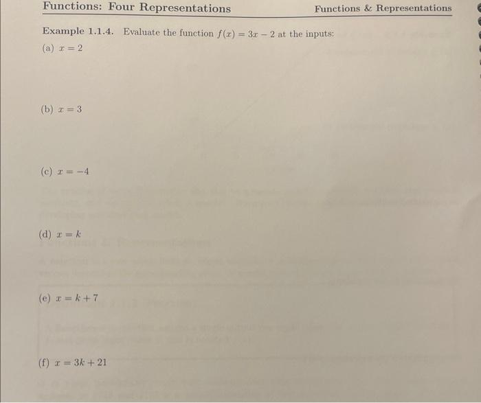Solved Example 1.1.4. Evaluate the function f(x)=3x−2 at the | Chegg.com