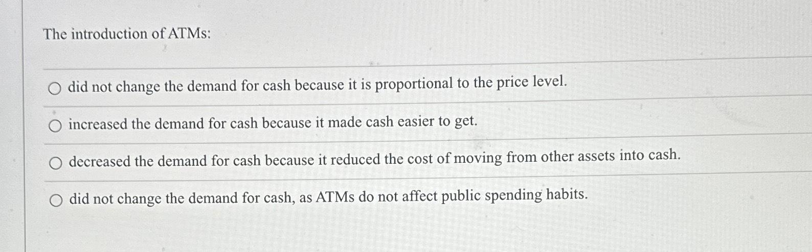 Solved The introduction of ATMs:did not change the demand | Chegg.com