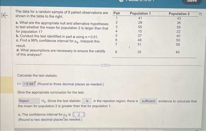 Solved The data for a random sample of 8 paired observations | Chegg.com