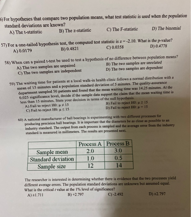 Solved 6) For hypotheses that compare two population means, | Chegg.com