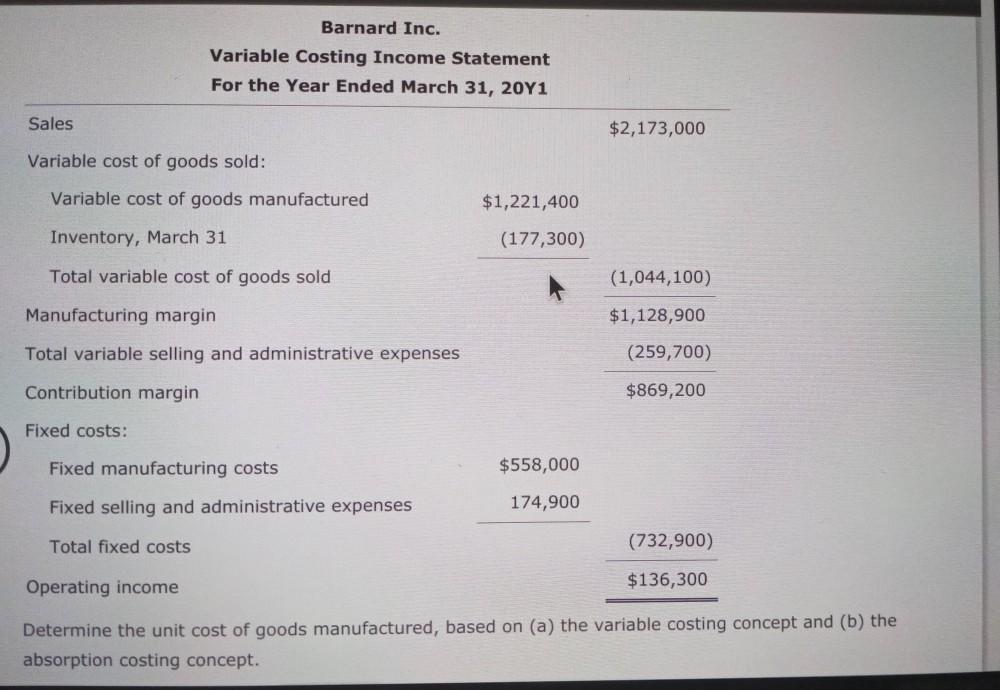 Solved Barnard Inc. Variable Costing Income Statement For | Chegg.com