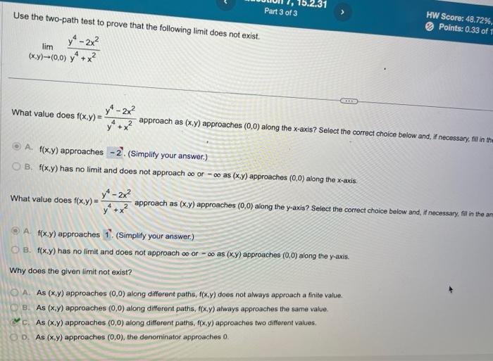 Solved Part 3 of 3 Use the two-path test to prove that the | Chegg.com