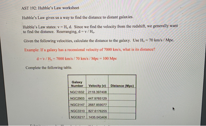 Solved AST 192: Hubble's Law worksheet Hubble's Law gives us | Chegg.com