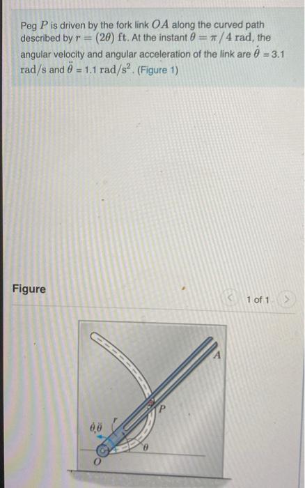 Solved Peg P is driven by the fork link OA along the curved | Chegg.com