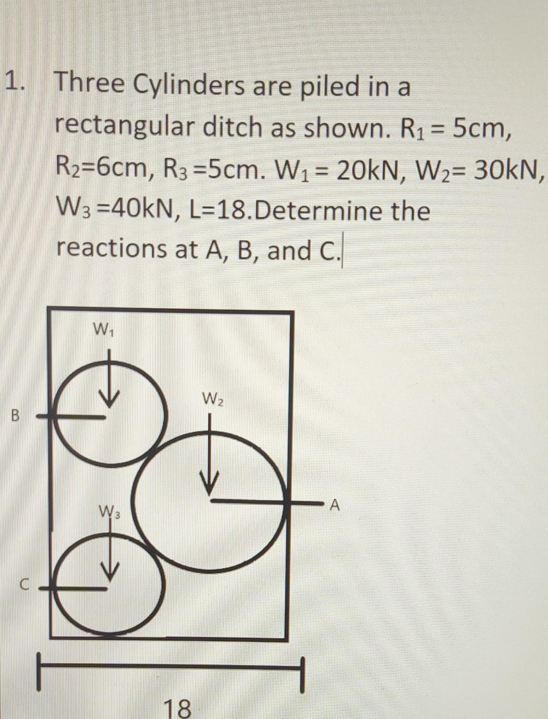 Solved 1. Three Cylinders are piled in a rectangular ditch | Chegg.com