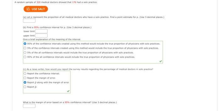Solved A random sample of 320 medical doctors showed that | Chegg.com