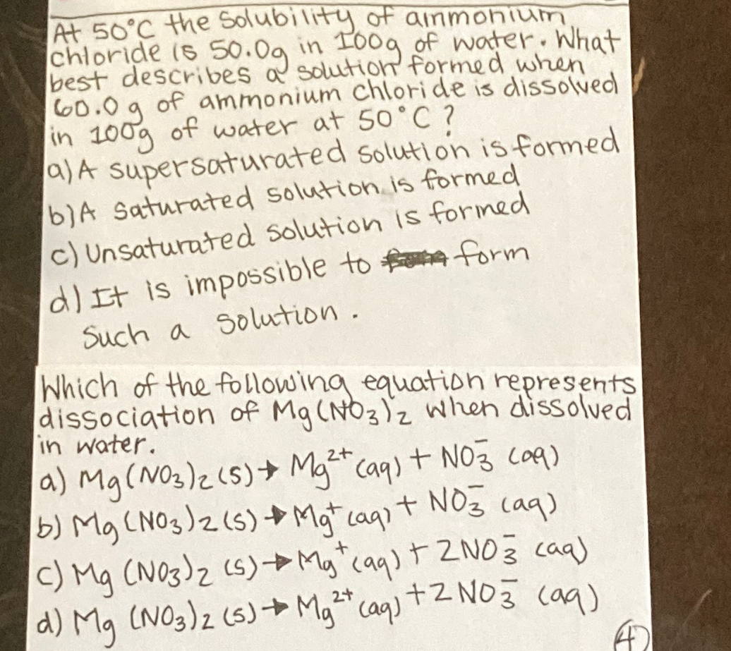 Solved At 50°C ﻿the solubility of ammonium chloride 50.0g | Chegg.com