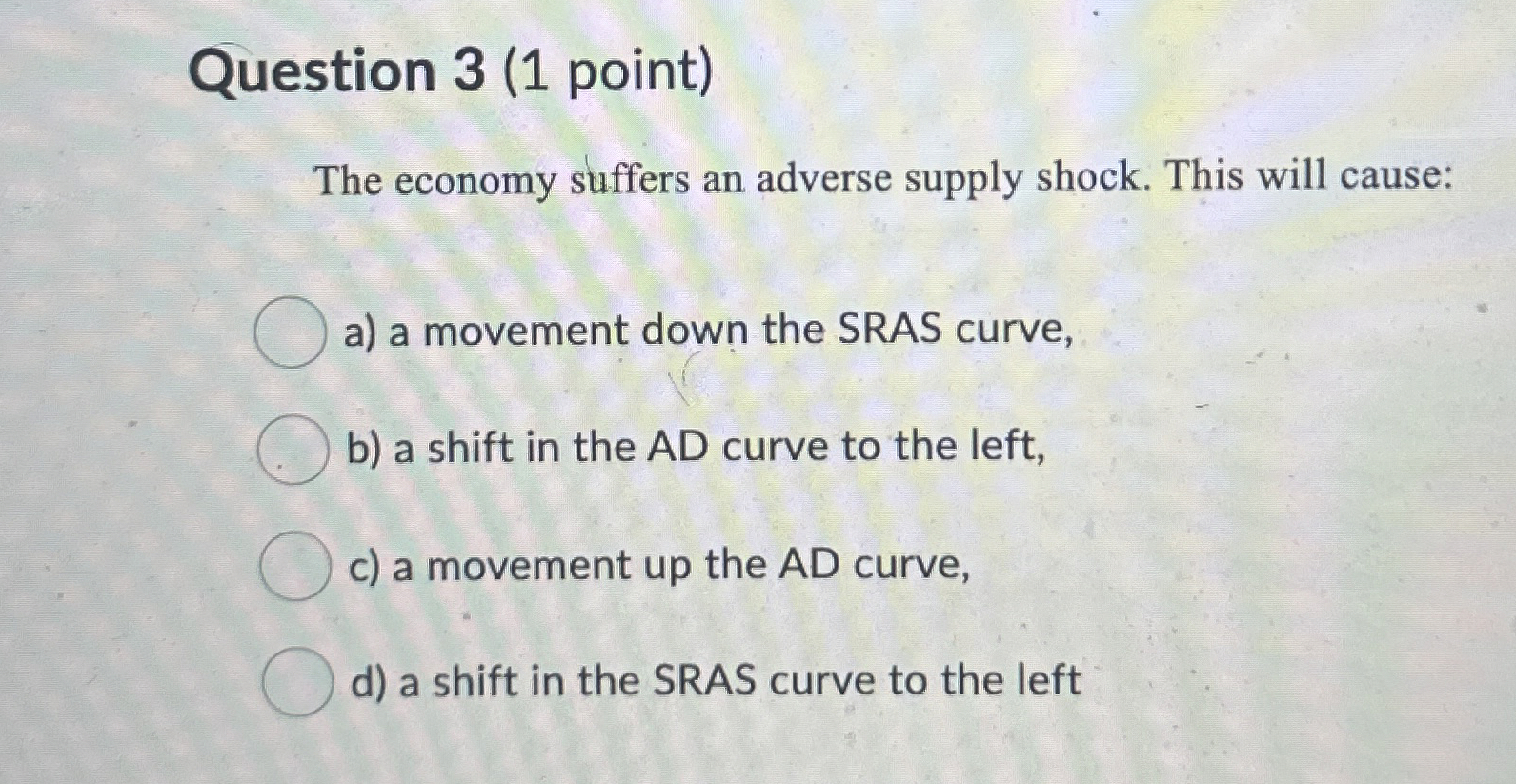 Solved Question 3 (1 ﻿point)The economy suffers an adverse | Chegg.com