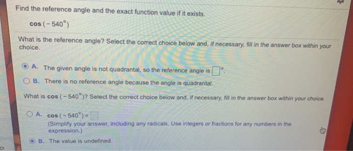 Solved Find the reference angle and the exact function value | Chegg.com