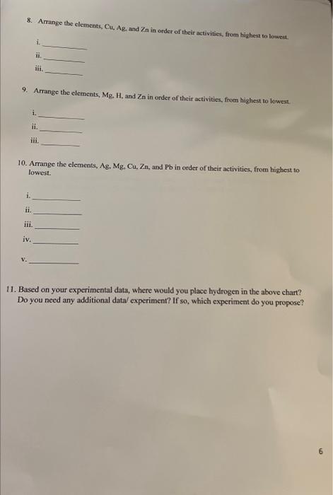 Solved 5. 7. Arrange the elements, Pb,Mg, and Zn in order of | Chegg.com