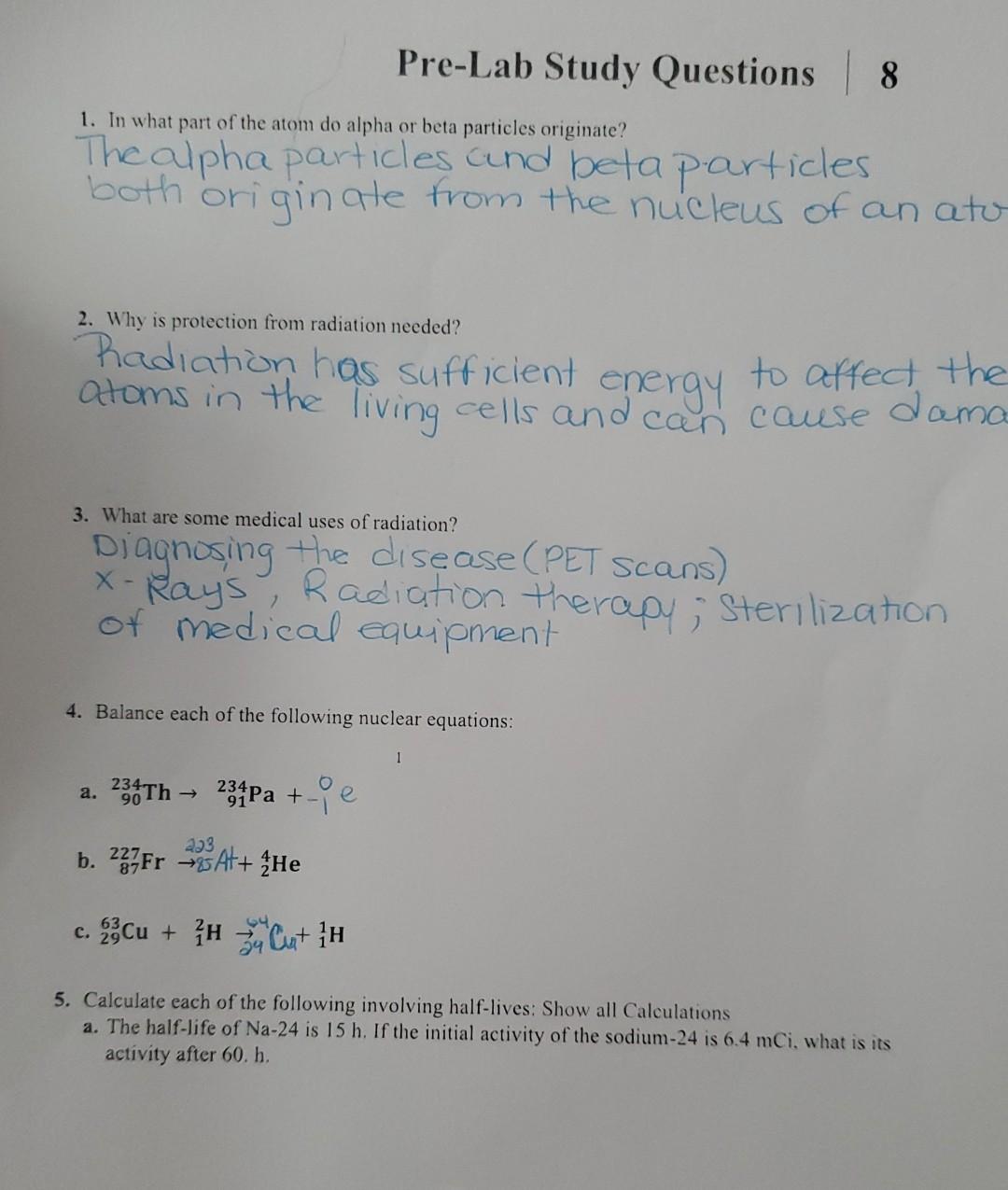 Solved Pre-Lab Study Questions 8 1. In what part of the atom | Chegg.com