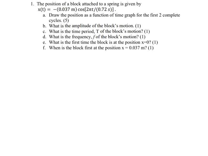 Solved 1. The position of a block attached to a spring is | Chegg.com