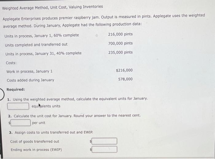 Solved Weighted Average Method, Unit Cost, Valuing | Chegg.com