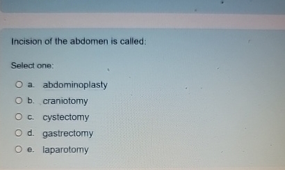 Solved Incision of the abdomen is called:Select one:a. | Chegg.com