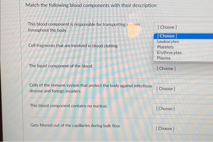 Solved Match the following blood components with their | Chegg.com
