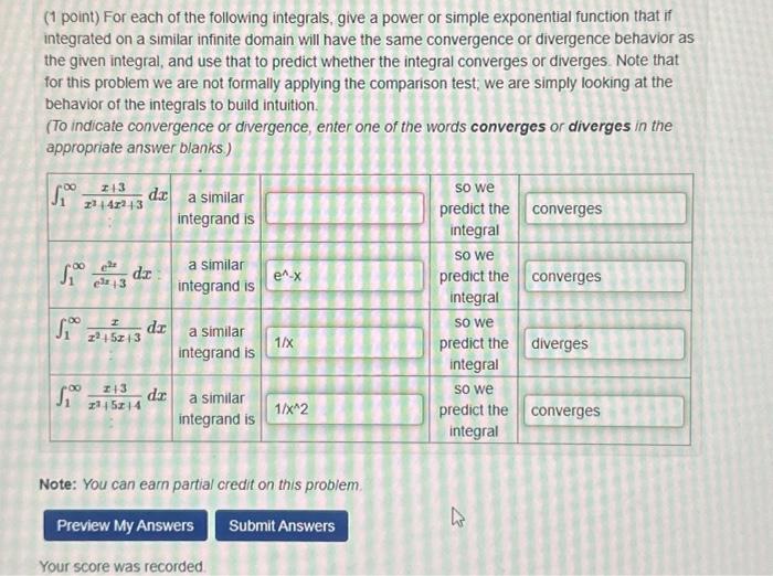 Solved (1 point) For each of the following integrals, give a | Chegg.com