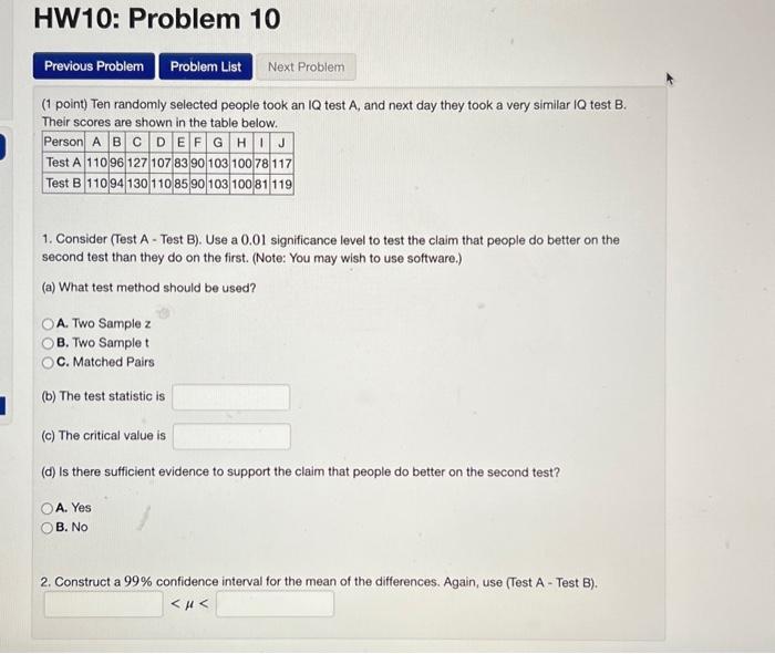 Solved (1 point) Ten randomly selected people took an IQ | Chegg.com